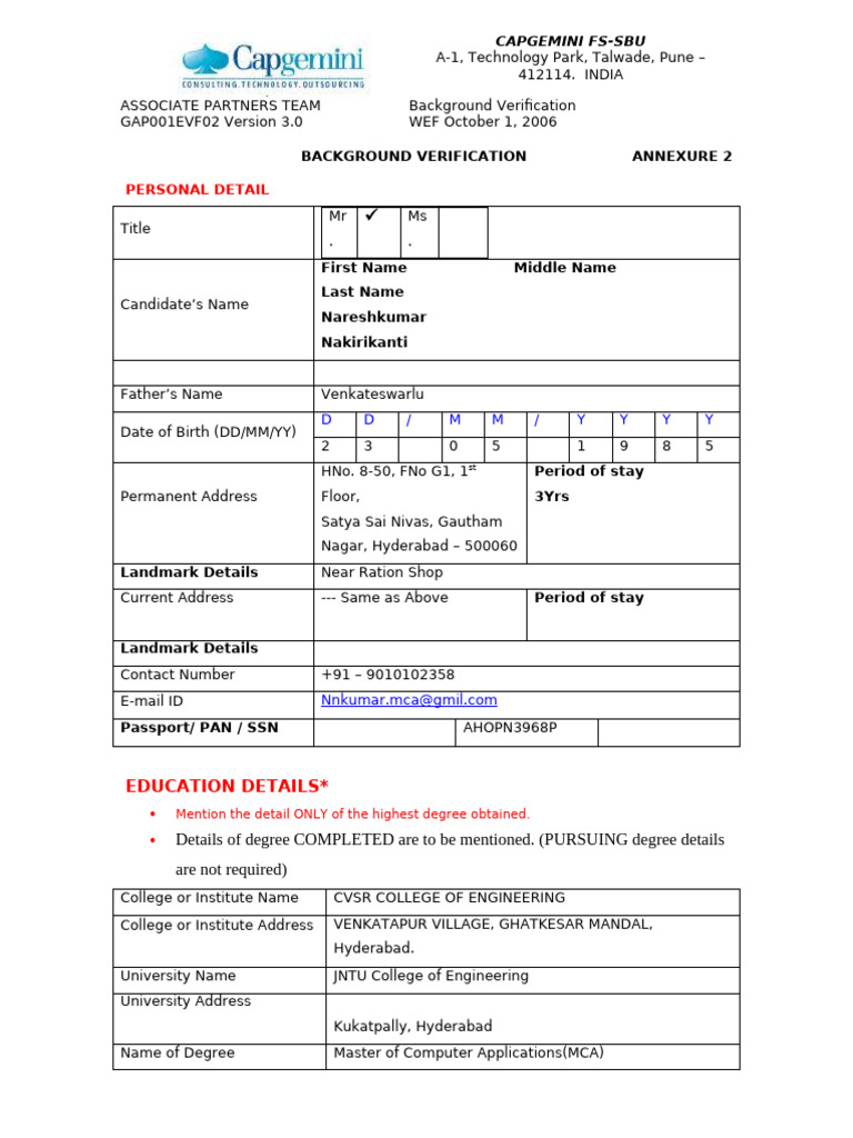 Background Verification Form | PDF | Business | Telecommunications