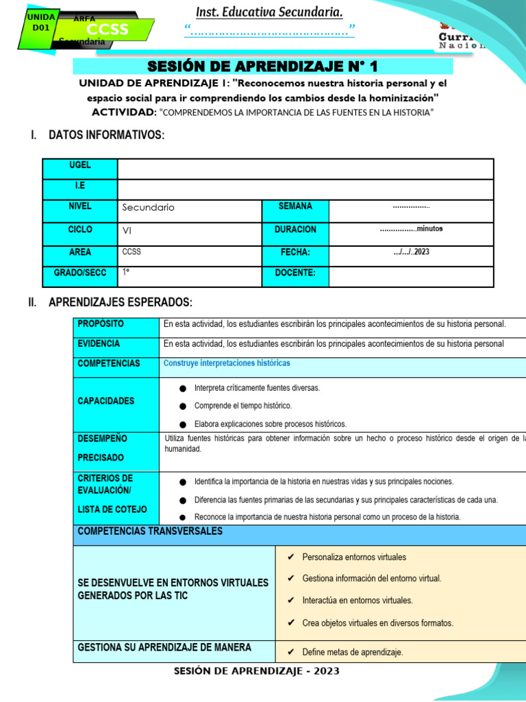 Sesion CCSS 1° Sec-Semana 01. | PDF | Aprendizaje | Enseñando