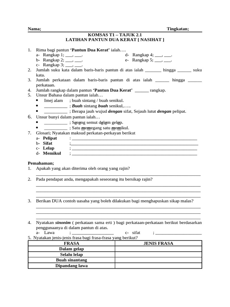 Komsas T1 - Tajuk 2.1 (Latihan Pantun Dua Kerat - Nasihat) | PDF