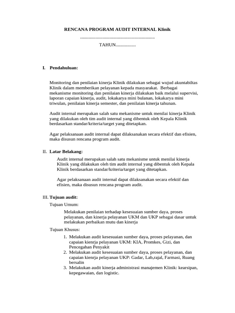 Contoh Rencana Program Audit Internal Puskesmas Tahunan | PDF