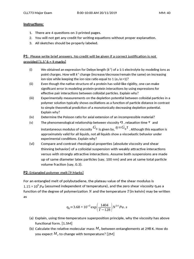 Sample Exam Engineering Soft Matter | PDF | Viscosity | Diffusion