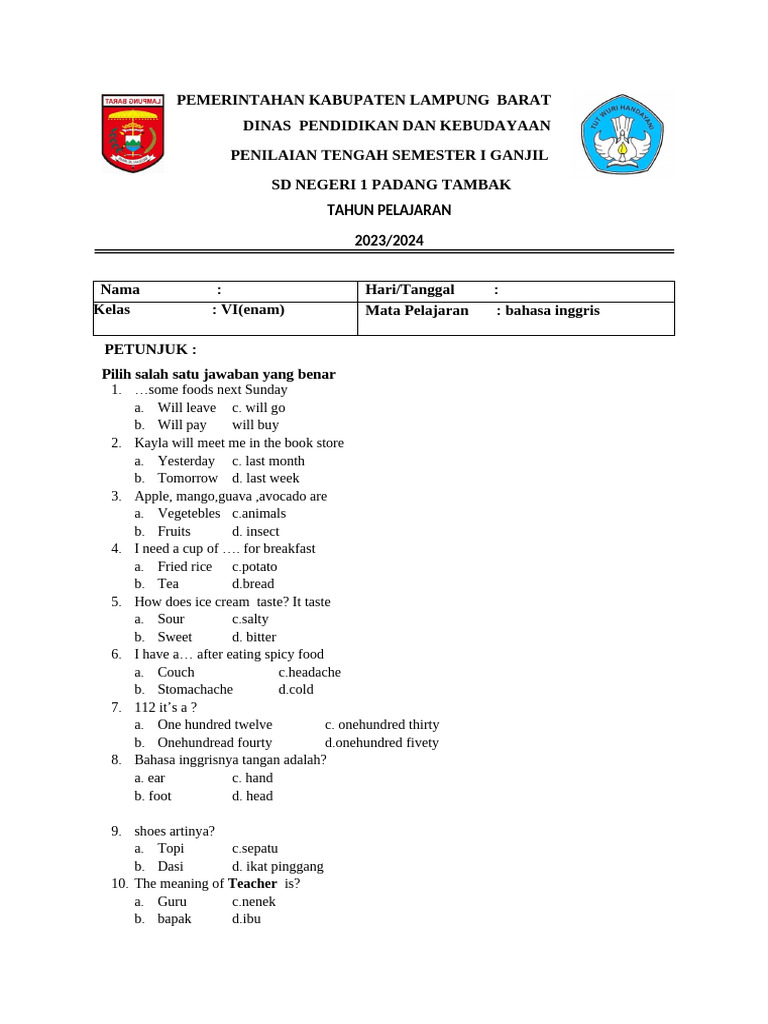 SOAL B INGGRIS KLS 6 Uts 2 | PDF