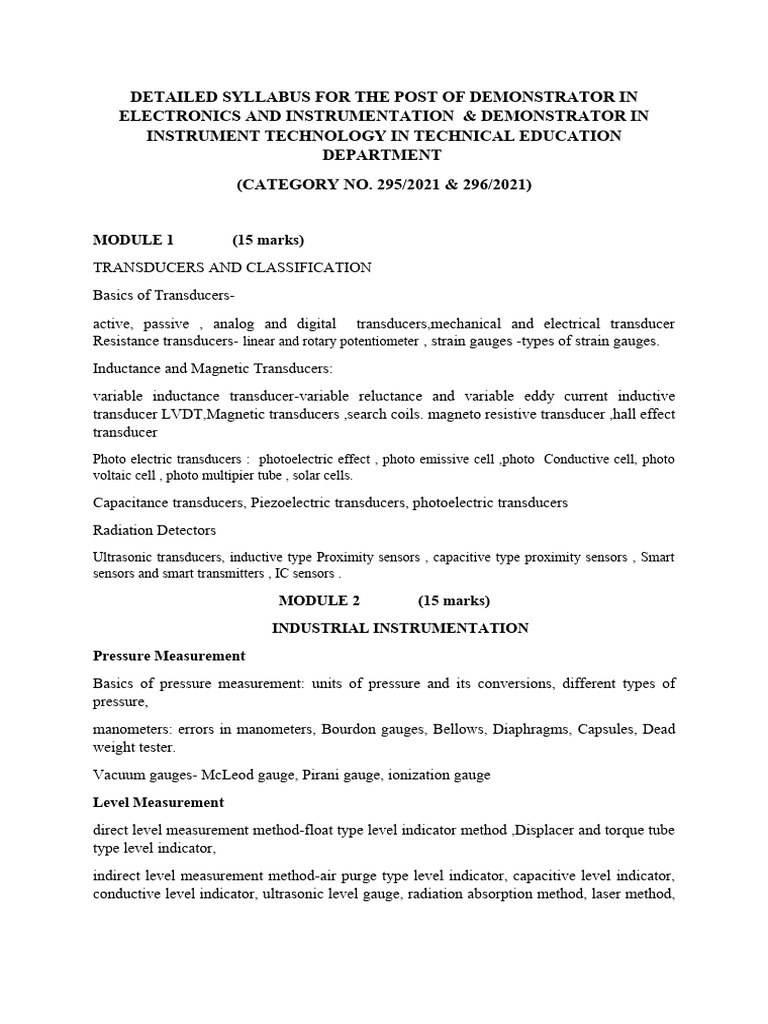 SYLLABUS-Demonstrator Electronics & Instrumentation | PDF | Pressure Measurement | Fluid Dynamics