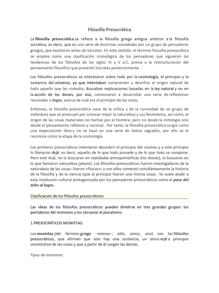 Filosofía Presocrática | PDF | Monismo | Filosofía griega antigua