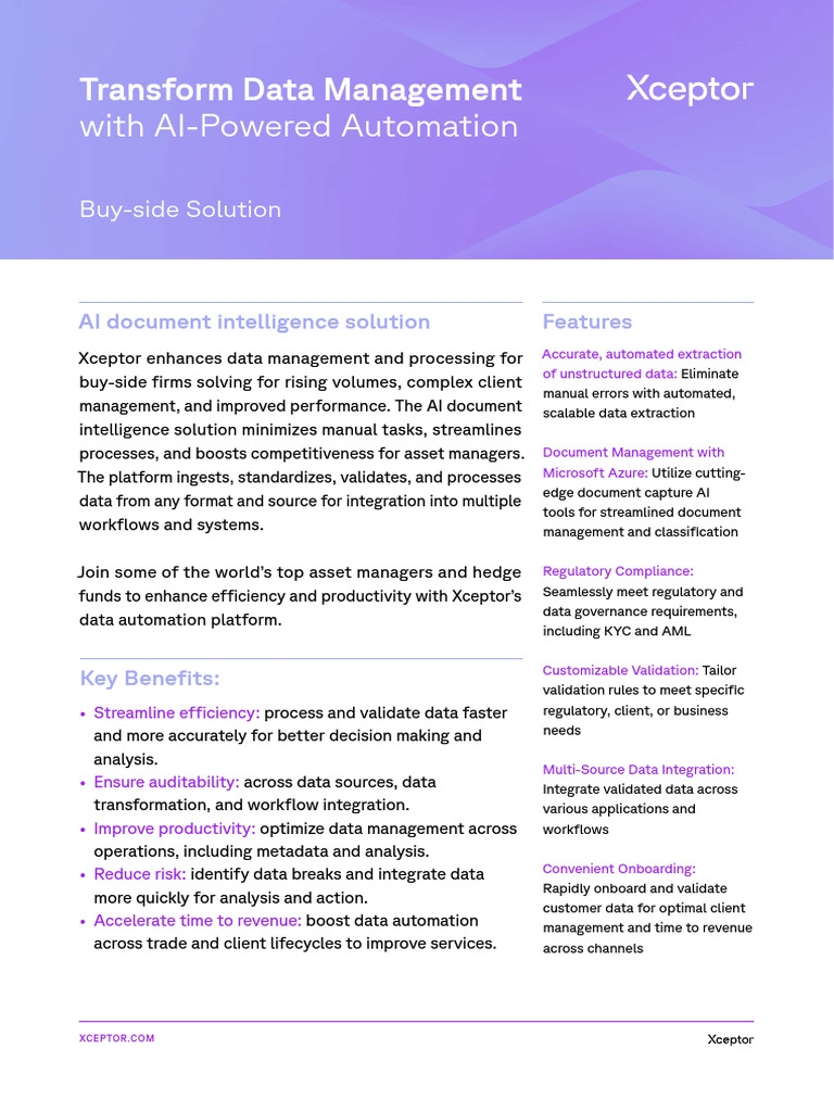 Xceptor - One - Pager - Transform Data Management For Buy-Side | PDF | Automation | Artificial ...