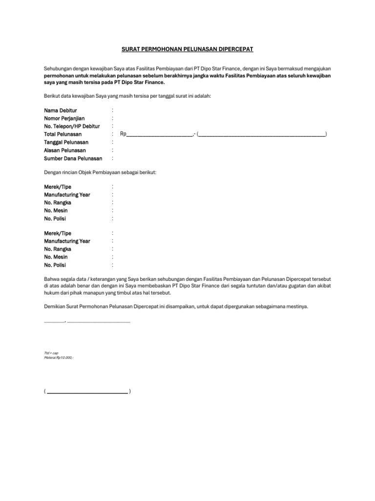 Surat Permohonan Pelunasan Dipercepat | PDF