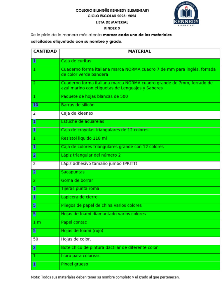 LISTA DE UTILES KINDER 3 (2024-2025) Actual | PDF | Papelería ...