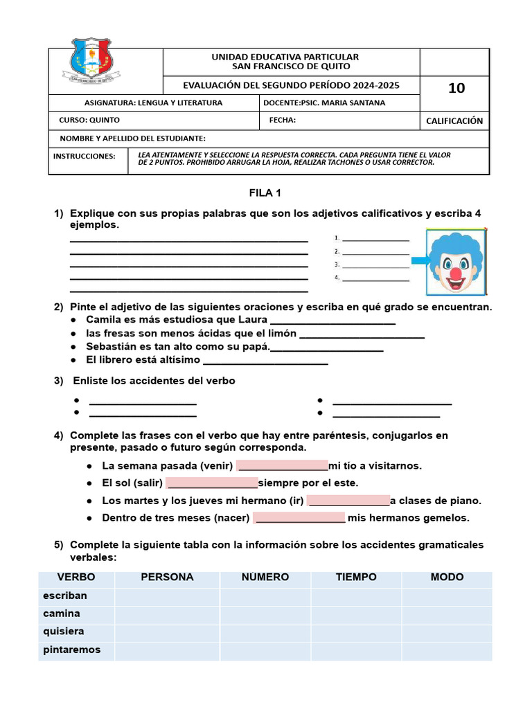 5to Evaluacion Lengua 2P | PDF | Verbo | Adjetivo
