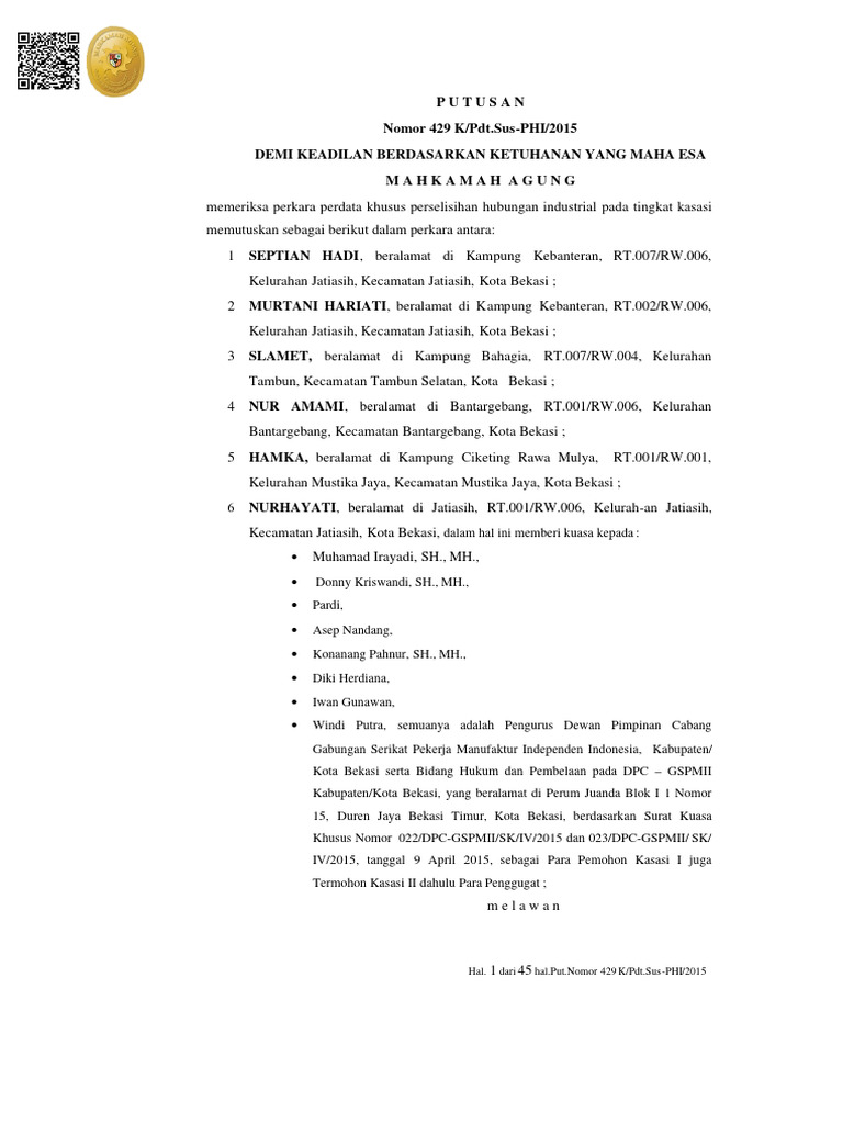 Jenis Pekerjaan Tak Tetap, PKWT Saja, Kalah - Putusan - 429 - K - PDT - Sus-Phi - 2015 ...