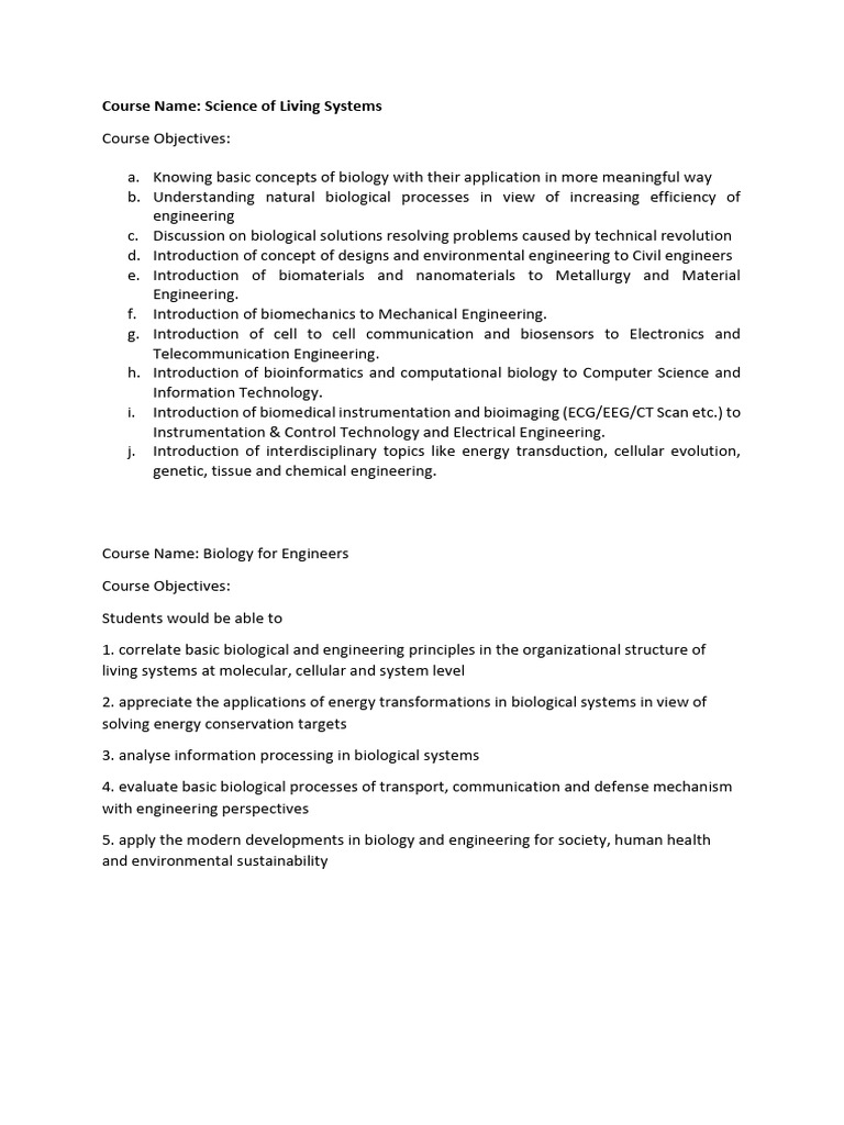 Biology for Engineers Course Overview | PDF