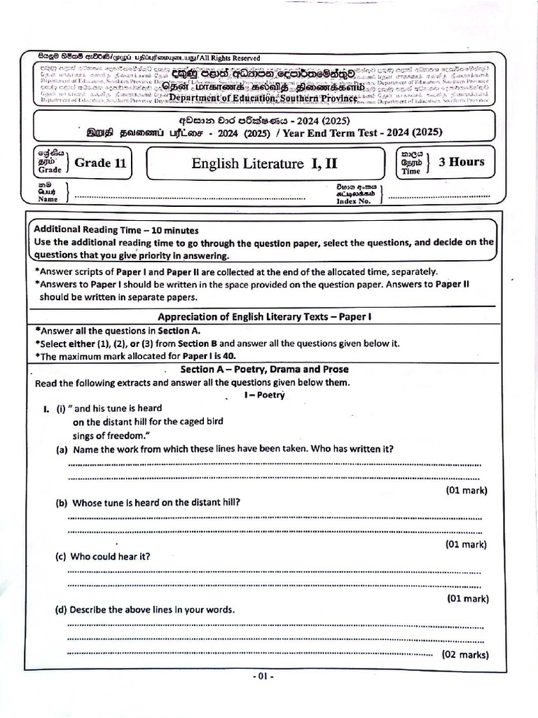English Literature Grade 11 Third Term Southern Province 2024 | PDF
