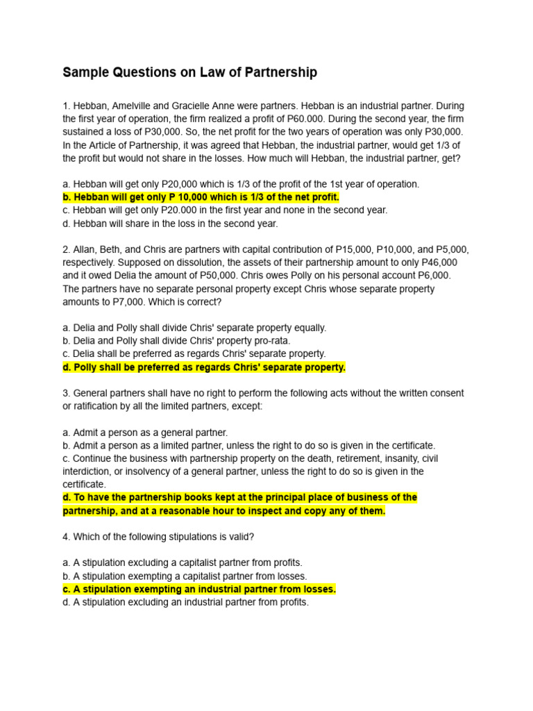 Law of Partnership Sample Questions | PDF | Partnership | Limited ...