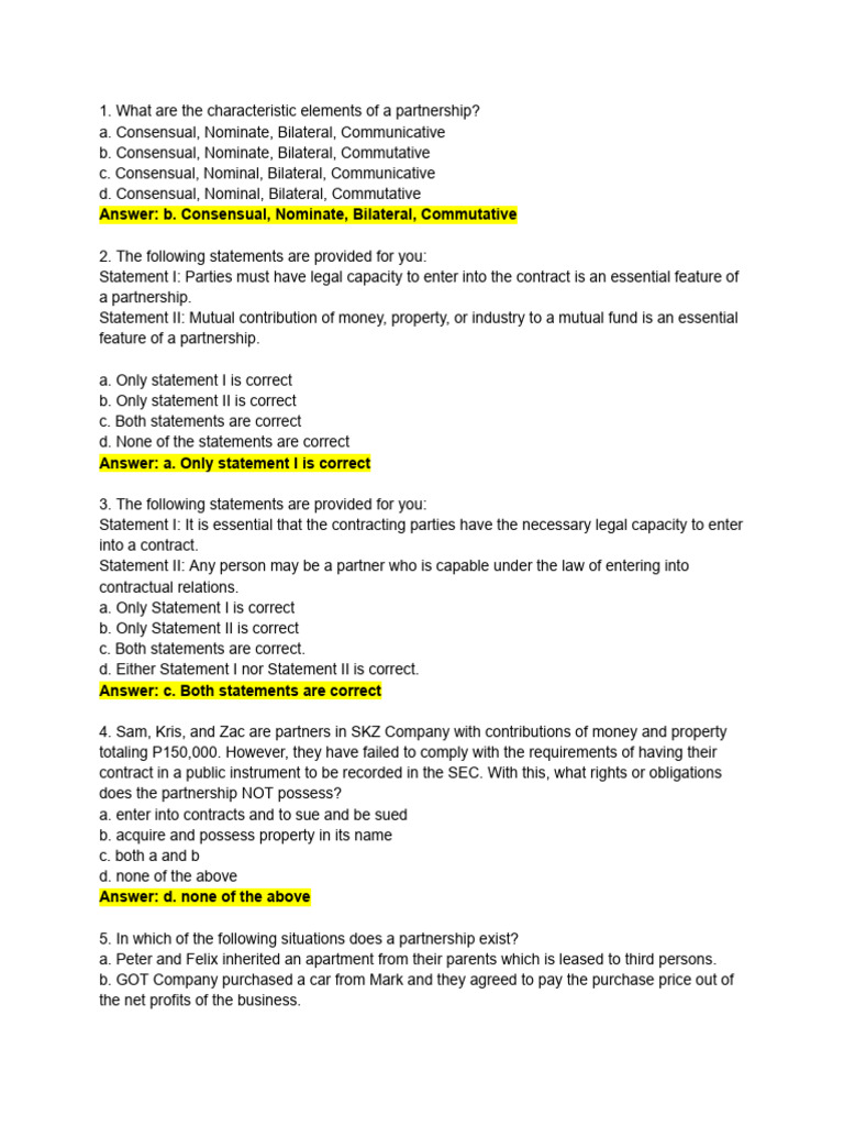Multiple Choice Questions | PDF | Partnership | Assignment (Law)