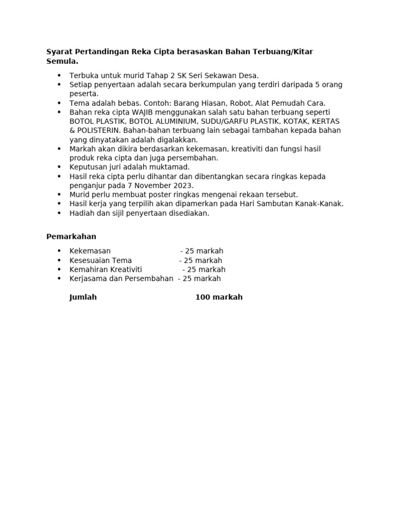 Syarat Pertandingan Reka Cipta Berasaskan Bahan Terbuang | PDF