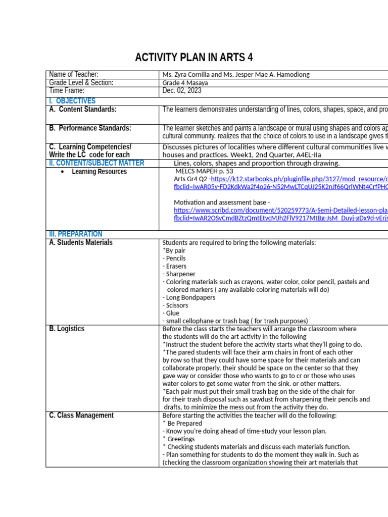 ART LP Template For Activity Plan 1 1 | PDF | Learning