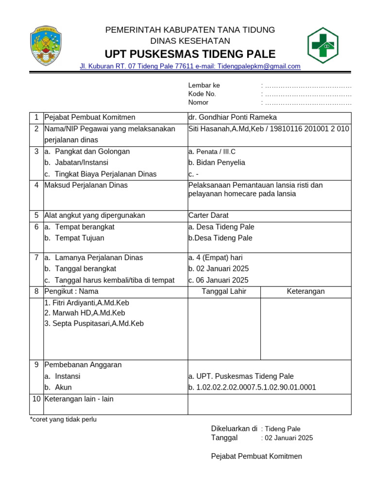Perjalanan Dinas Puskesmas Tideng Pale | PDF