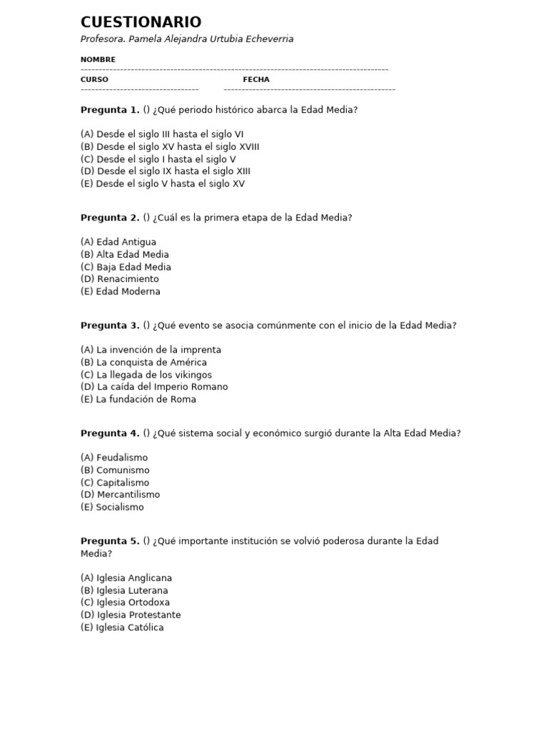Cuestionario sobre la Edad Media | PDF | Edades medias | Feudalismo