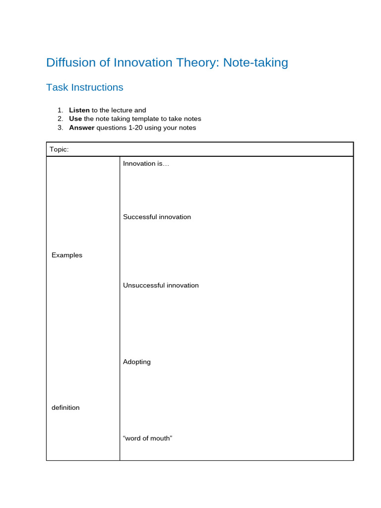 RE-Tutorial Activity - Diffusion of Innovation Theory Notetaking Template & Quiz | PDF | Human ...