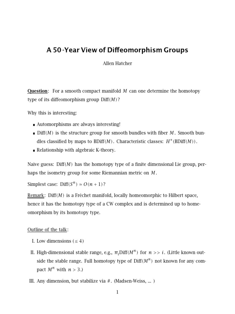 A 50-Year View of Diffeomorphism Groups | PDF | Manifold | Mathematical Concepts