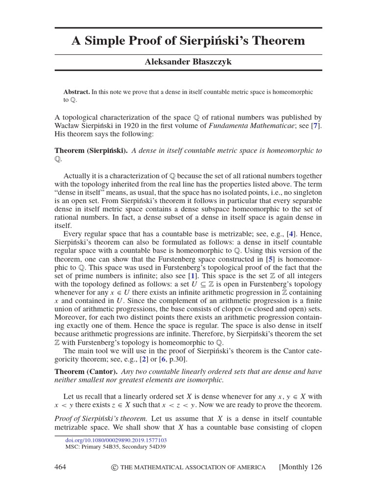 A Simple Proof of Sierpinski's Theorem | PDF | Compact Space | Rational Number