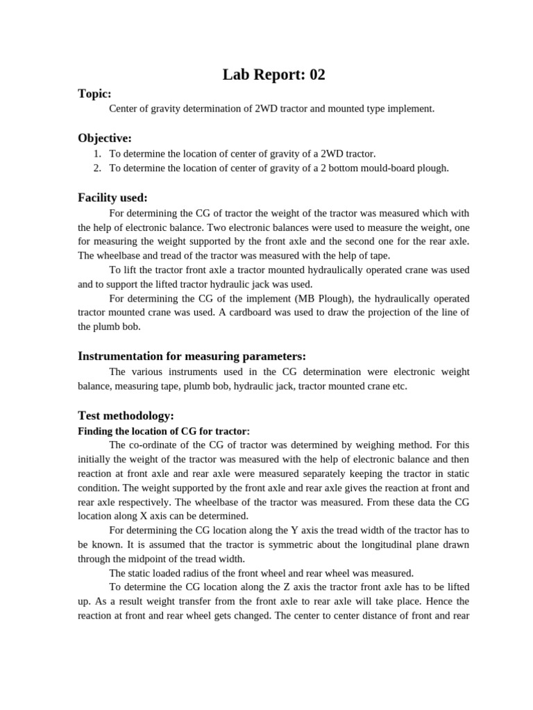 Center of Gravity Analysis for 2WD Tractor | PDF | Tractor | Weight