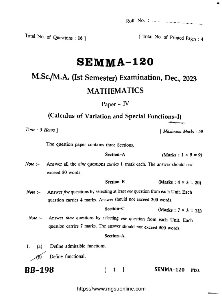 Ma MSC 1 Sem Mathematics p4 Calculas of Variation and Special Functions 1 Semma 120 Dec 2023 | PDF