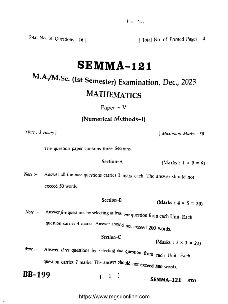 Ma MSC 1 Sem Mathematics p5 Numerical Methods 1 Semma 121 Dec 2023 | PDF