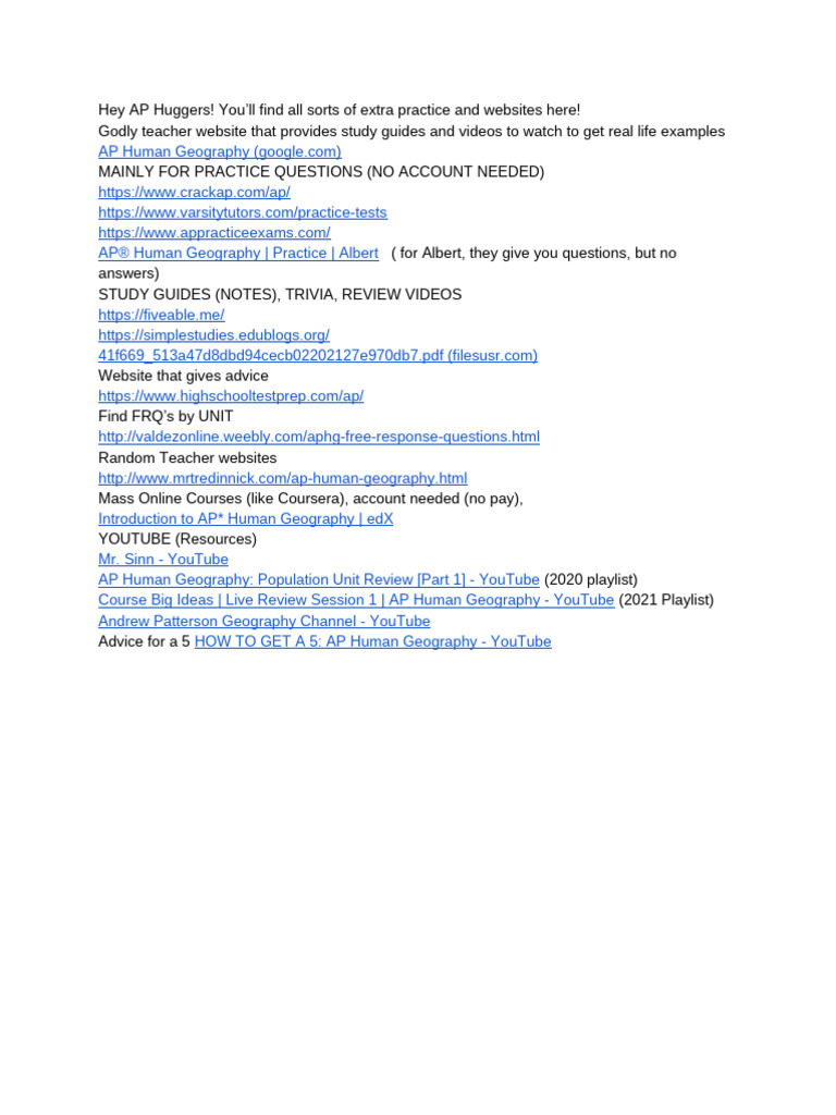 AP HUG Essential Websites | PDF