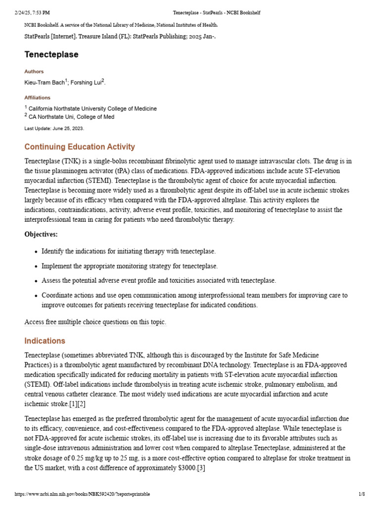 Tenecteplase: Indications and Administration | PDF | Percutaneous ...