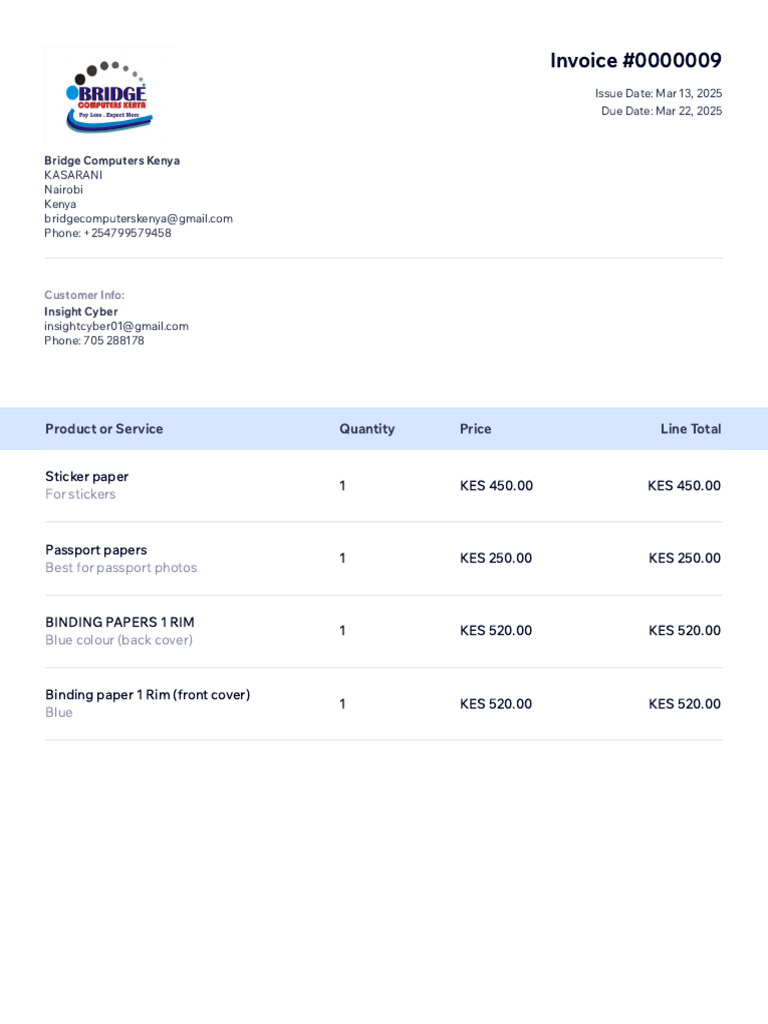 Invoice #0000009 for Bridge Computers | PDF