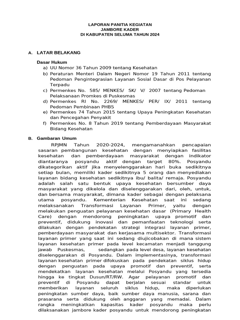 Laporan Panitia Jambore Kader | PDF