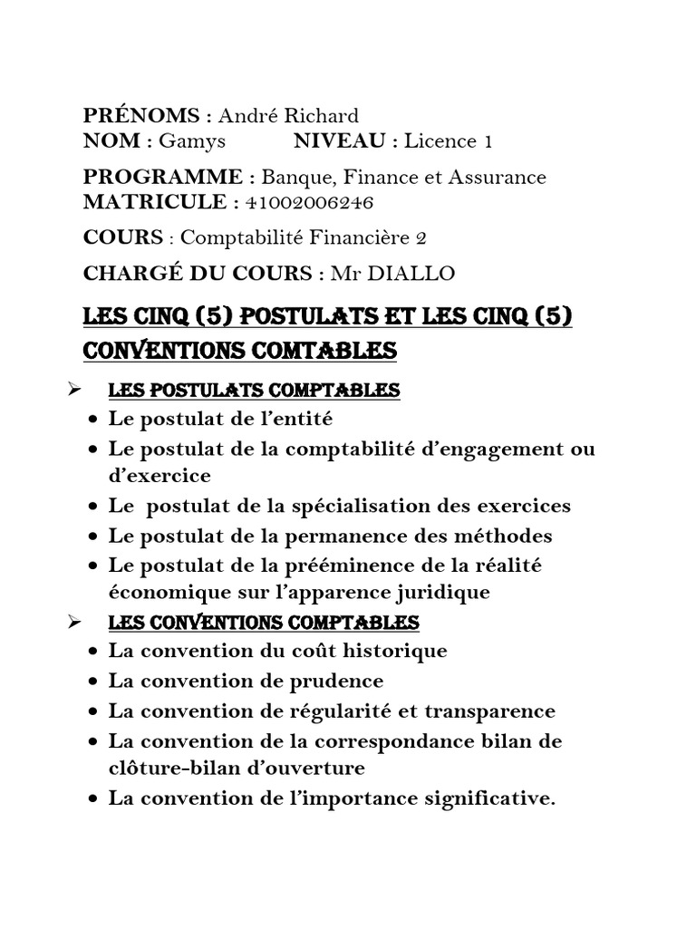 Les 5 postulats comptables essentiels | PDF