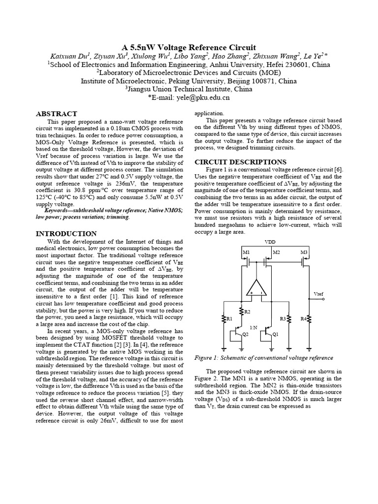 Nano-Watt 0.5V Voltage Reference Circuit | PDF | Mosfet | Electricity