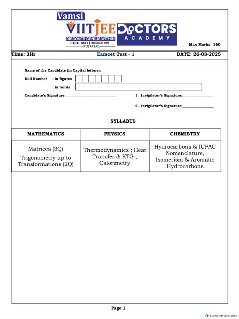Eamcet Test-1 26 03 2025 QP | PDF