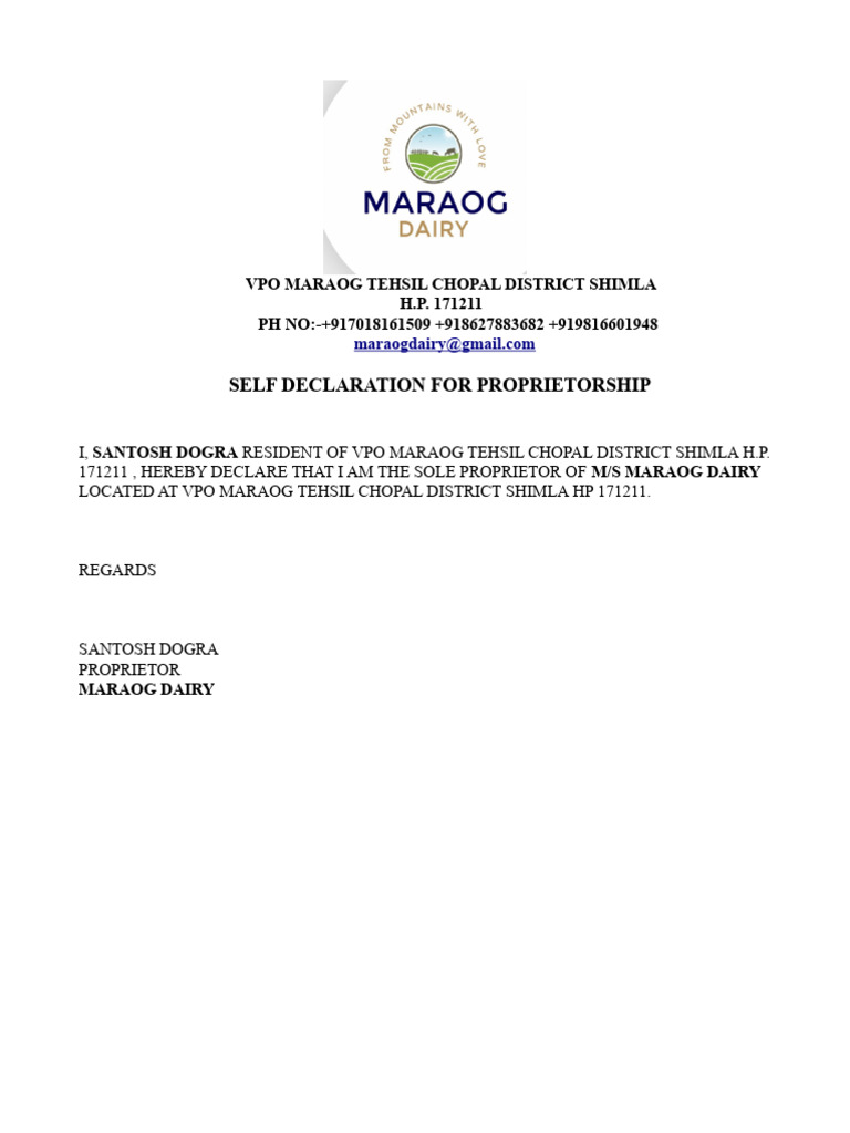 Self Declaration of Maraog Dairy Owner | PDF
