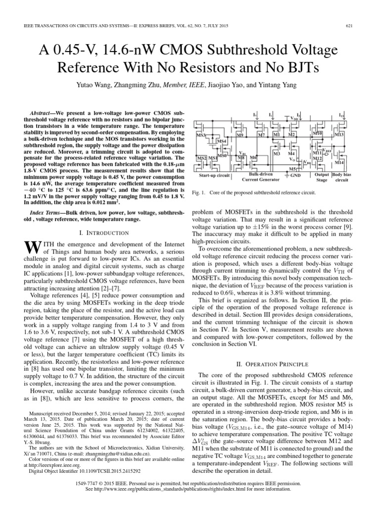 A 0.45-V 14.6-NW CMOS Subthreshold Voltage Reference With No Resistors and No BJTs | PDF ...