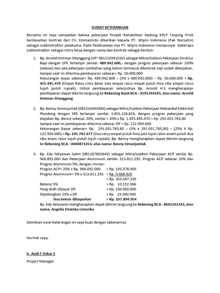 SUIRAT KETERANGAN SUBKON KPLP | PDF