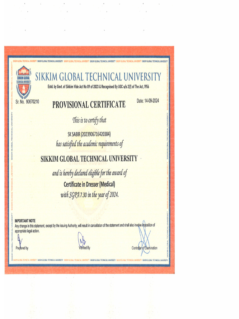 SK Sabir Provisional Certificate | PDF