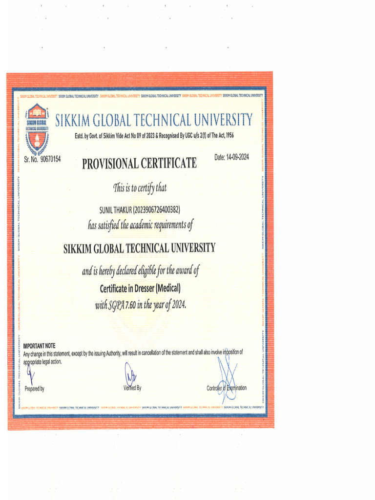 Sunil Thakur Provisional Certificate | PDF