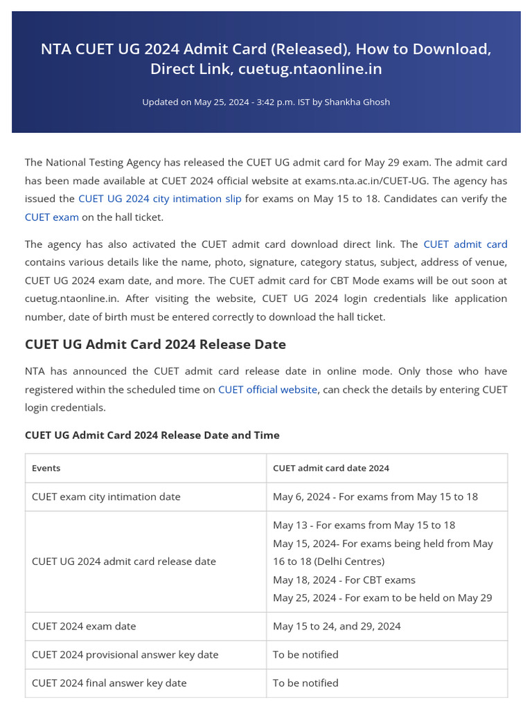 CUET UG 2024 Admit Card Download Guide | PDF