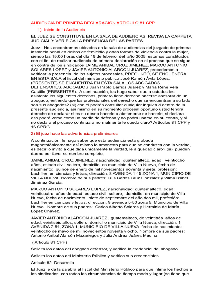 Audiencia de Primera Declaracion Articulo 81 CPP | PDF | Fiscal | Ley Pública