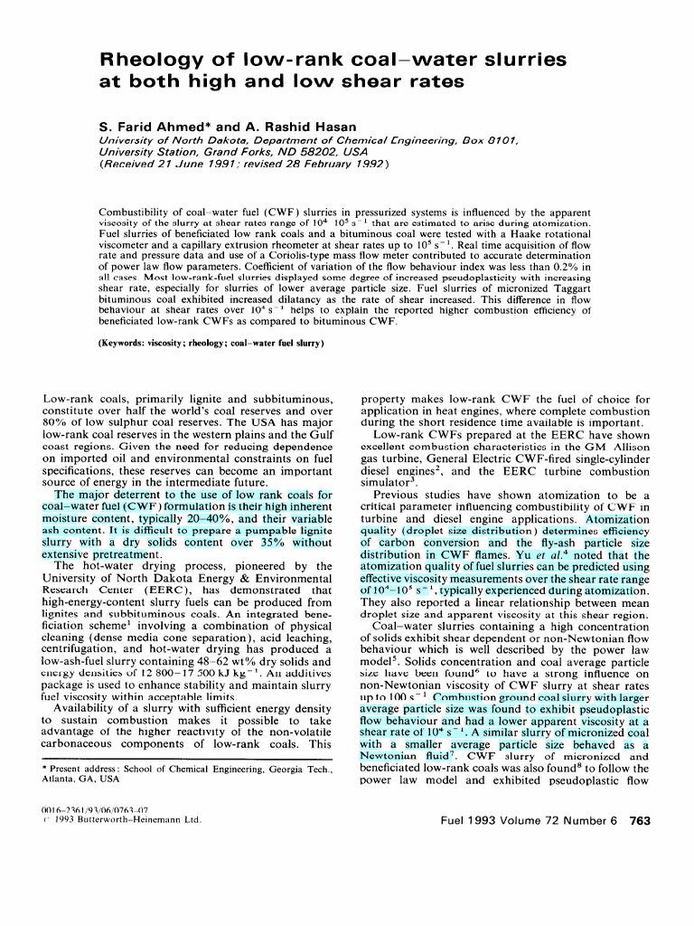 1993 - Rheology of Low-Rank Coal-Water Slurries at Both High and Low ...