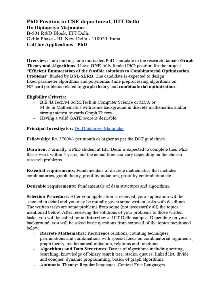 PHD Position Theoretical CS 3 | PDF | Combinatorics | Discrete Mathematics