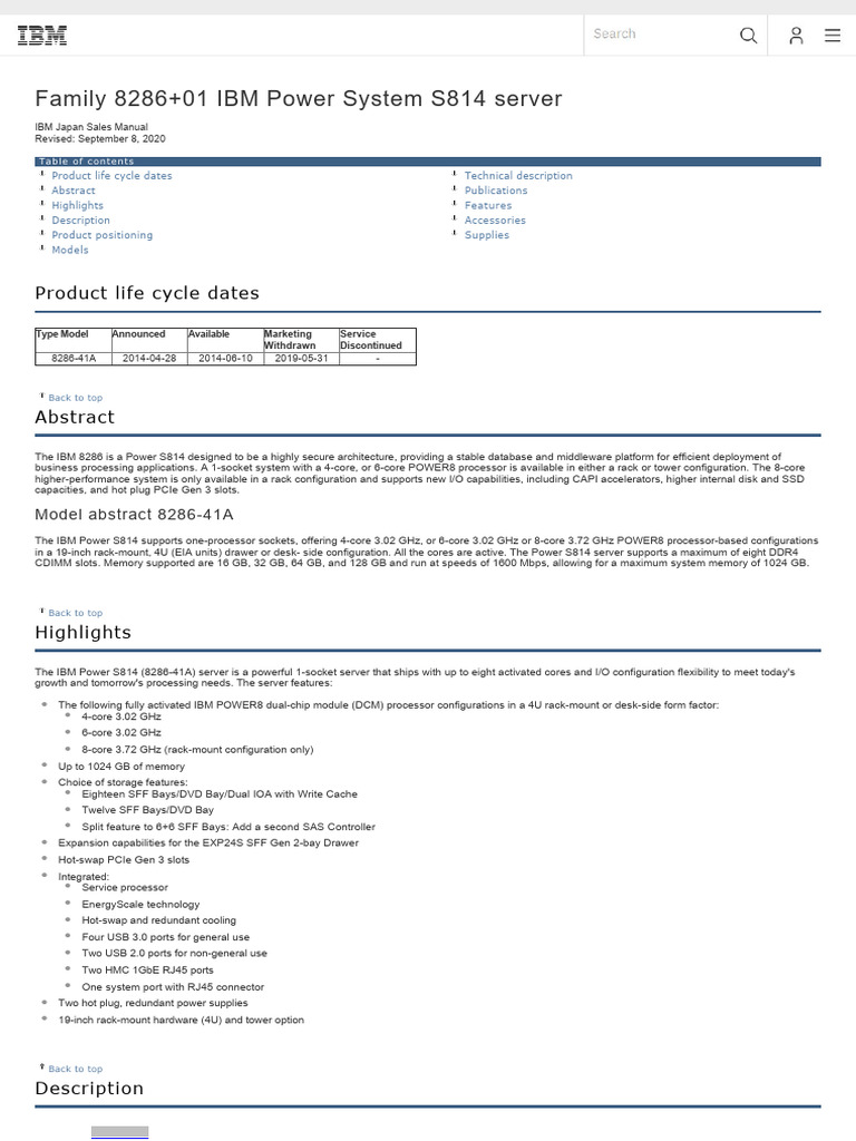 Family 8286+01 IBM Power System S814 Server | PDF | Solid State Drive ...