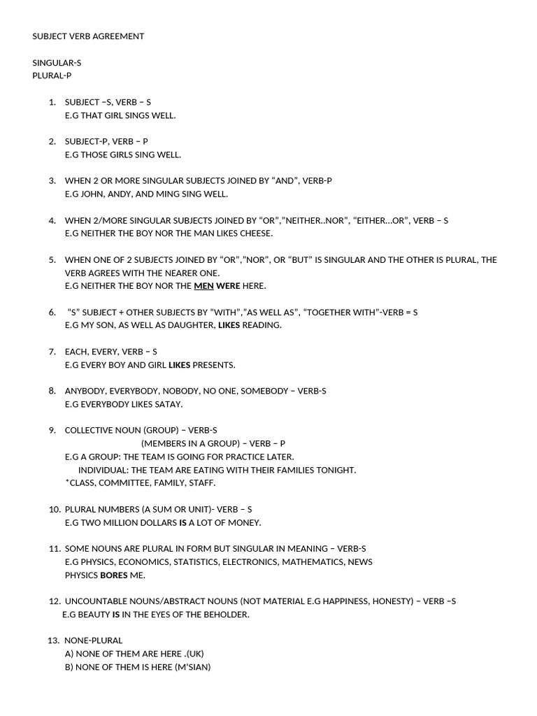 SUBJECT VERB AGREEMENT Notes | PDF