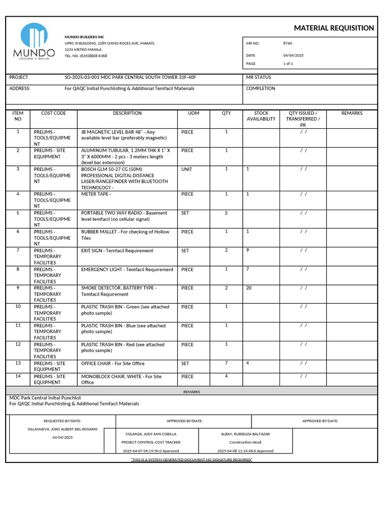 MDC Park Material Requisition MR8740 | PDF | Equipment