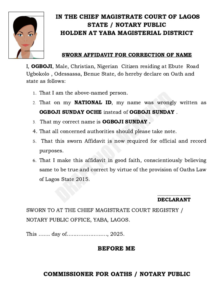 AFFIDAVIT FOR CORRECTION OF NAME DRAFT For OGBOJI | PDF