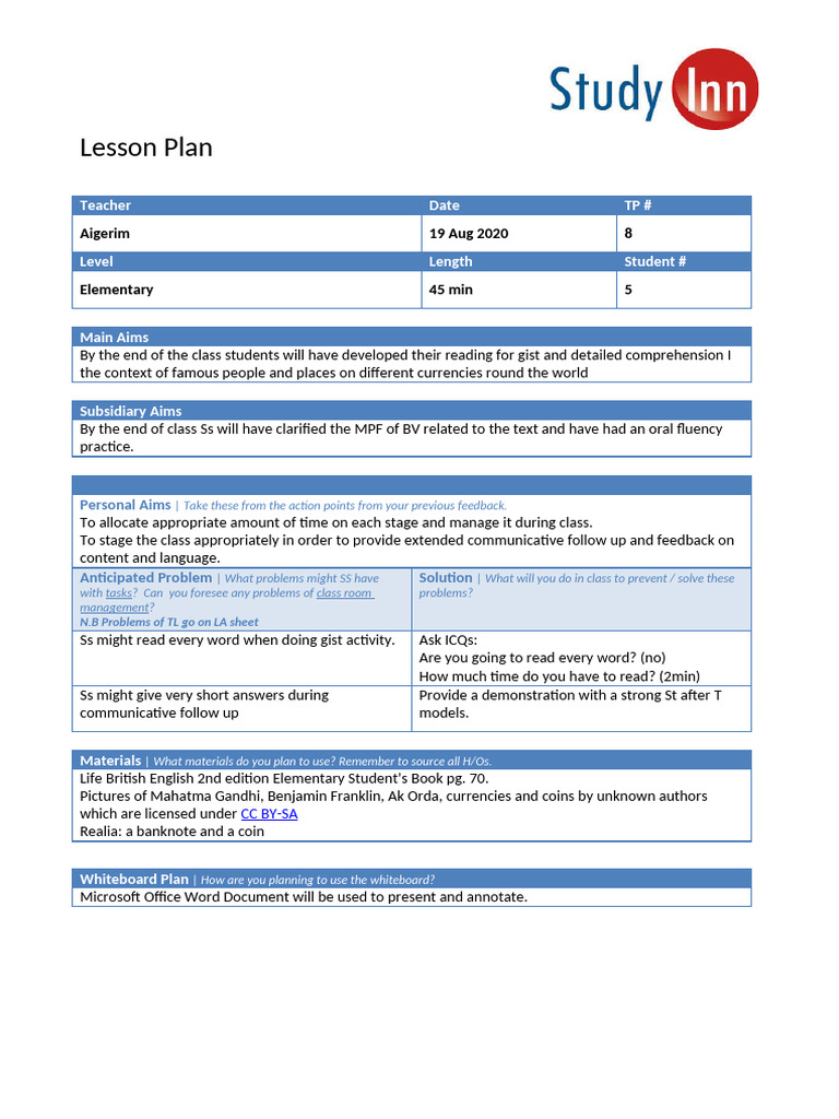 Currency Reading Lesson Plan | PDF | Reading Comprehension | Learning
