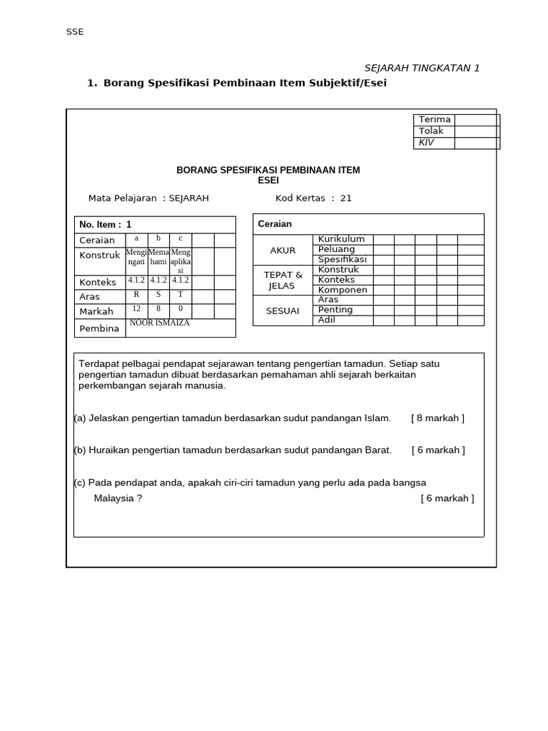 SEJ T1 Borang Spesifikasi Pembinaan Item Esei | PDF