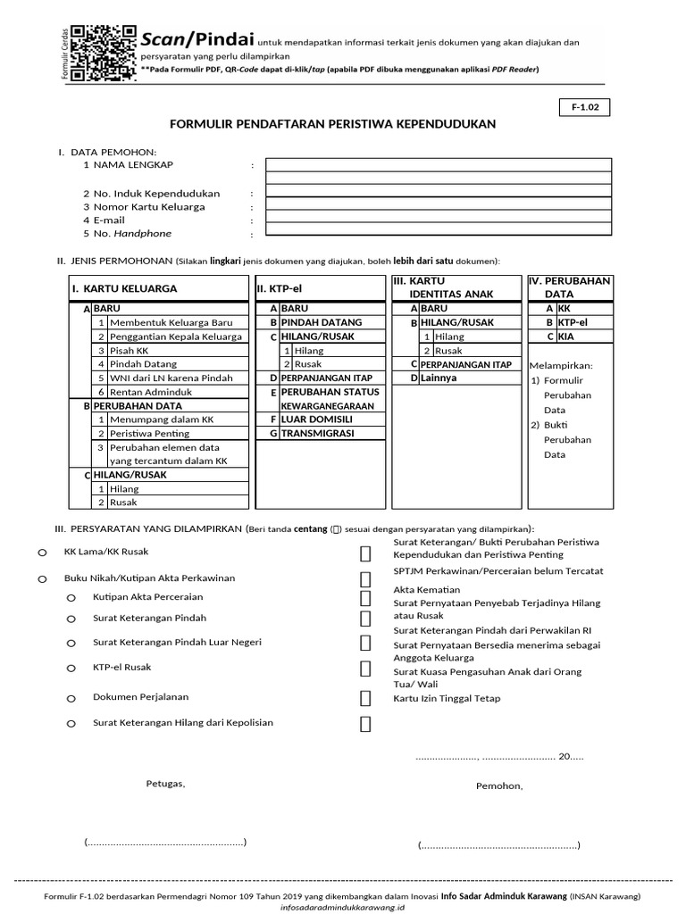 Formulir Pendaftaran Kependudukan F-1.02 | PDF